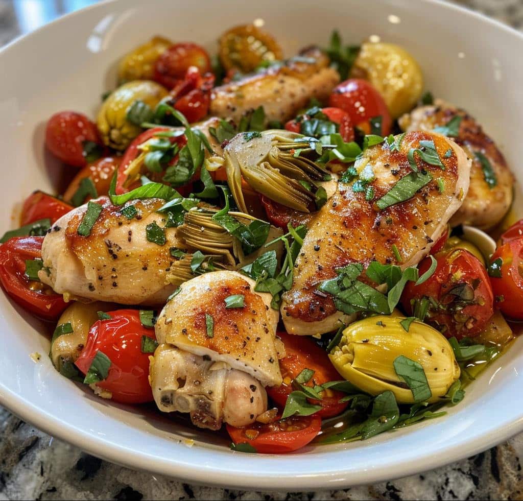 Sautéed Chicken and Tomatoes with Roasted Artichokes