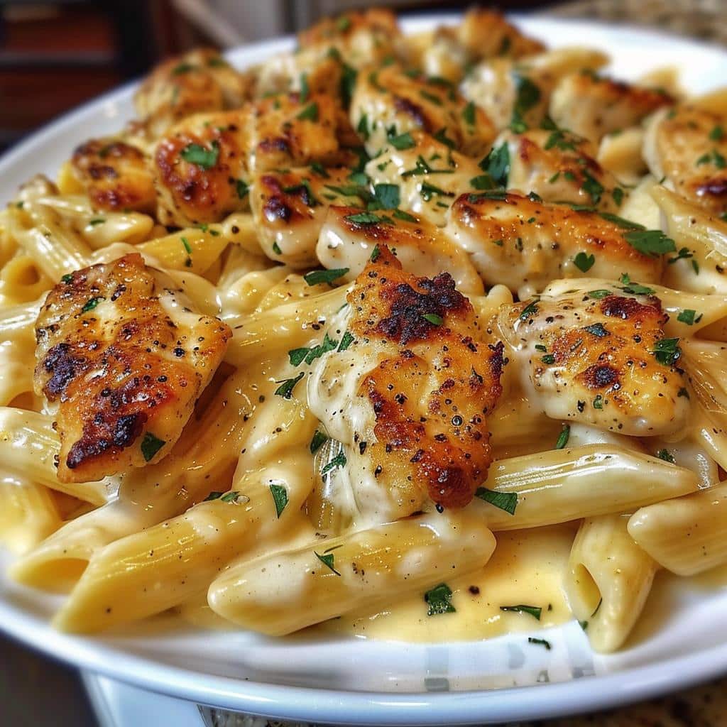 30-Minute Velvety Garlic Butter Chicken Penne Parmesan Bliss