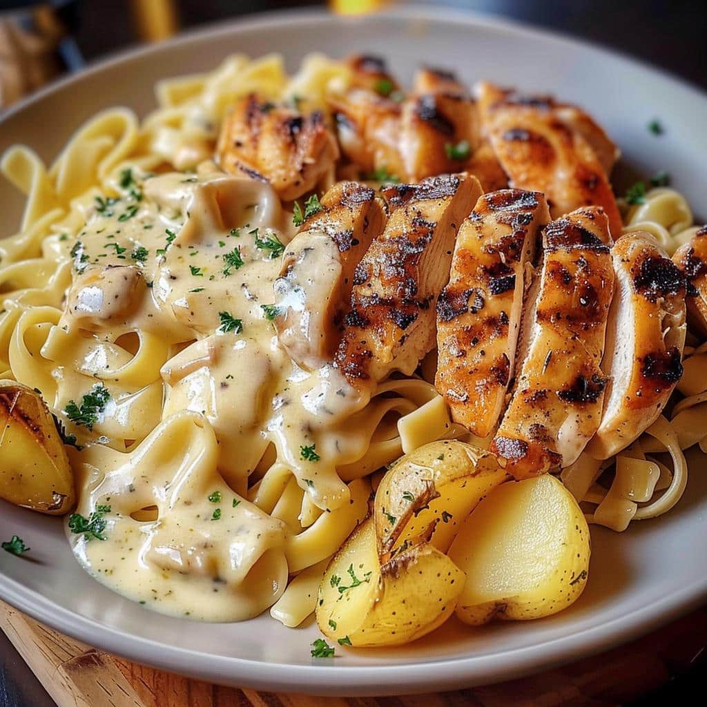 "40-Minute Creamy Cheese Pasta with Irresistible Grilled Chicken"