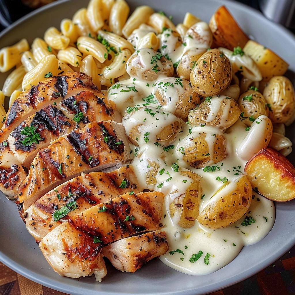 Dreamy 30-Minute Creamy Cheese Pasta with Grilled Chicken and Potatoes