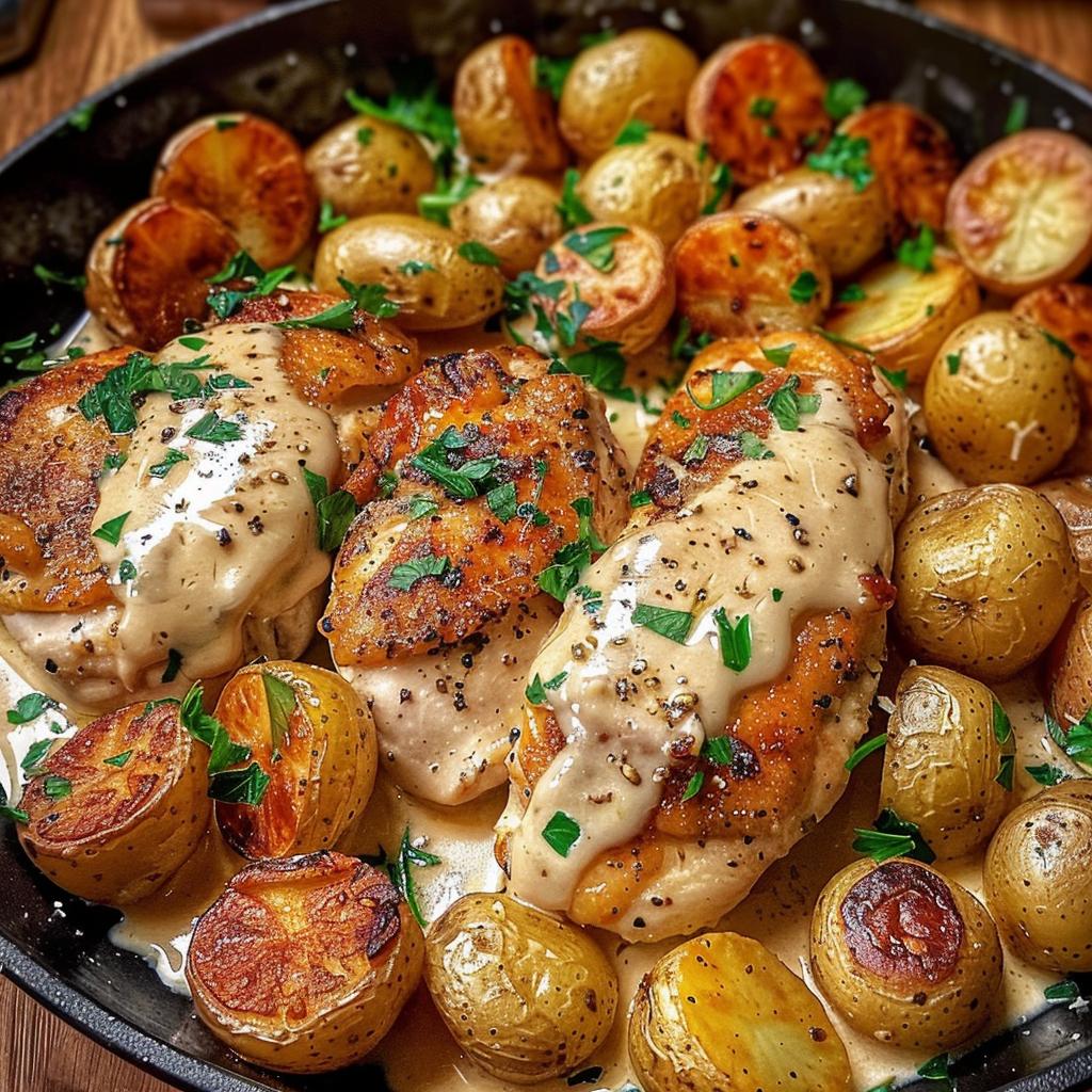 Creamy Garlic Chicken with Roasted Potatoes in 40 Minutes!