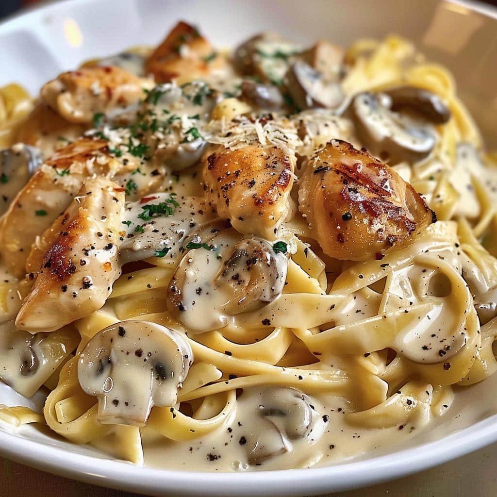 Creamy Mushroom Fettuccine with Grilled Chicken in 30 Minutes