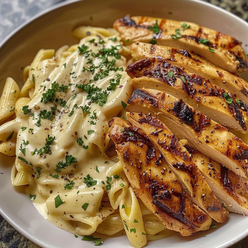 "Juicy Grilled Chicken with White Sauce Pasta in 30 Minutes"