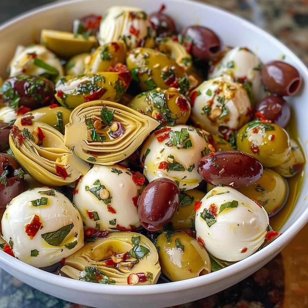 Irresistible Marinated Mozzarella Balls with Artichokes & Olives