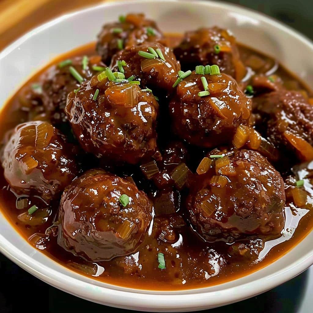 Hearty Meatball Stew with Brown Onion Gravy in 40 Minutes