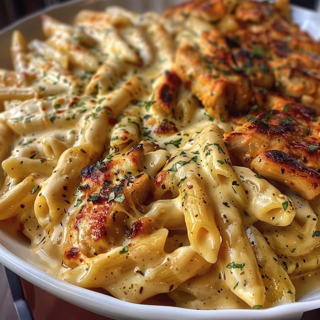 30-Minute Creamy Penne Pasta with Chicken in Mixed Cheese Sauce