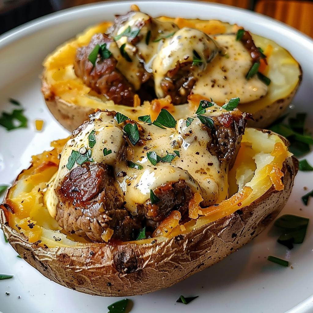 Irresistible Steak Stuffed Baked Potatoes with Creamy Parmesan Sauce