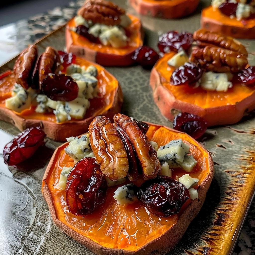 Irresistible Sweet Potato Rounds with Blue Cheese Cranberry and Pecans